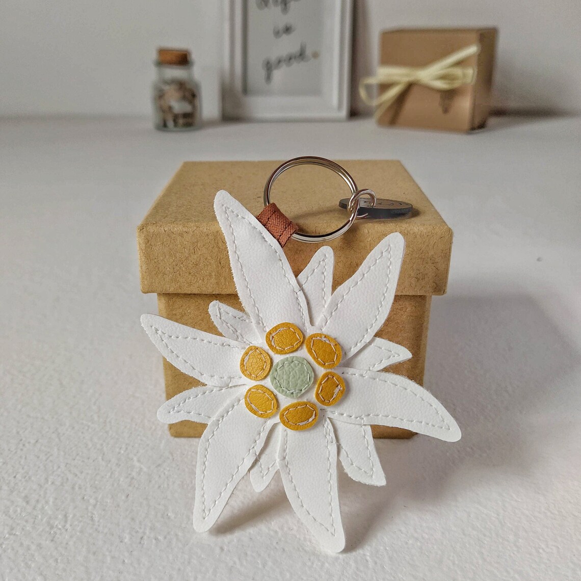 Edelweiss Keychain, Edelweiss Bag Charm, White Edelweiss Faux Leather ...