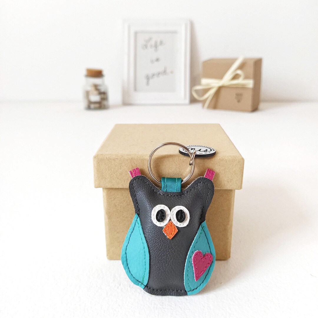 Cute Owl Keychain, Gray & Blue Owl Bag Charm, Lovely Owl Faux Leather ...