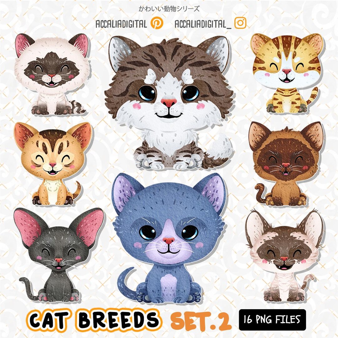 Cat Clipart Set 2, Abyssinian & Russian Blue Cats Stickers, Cute Pet ...
