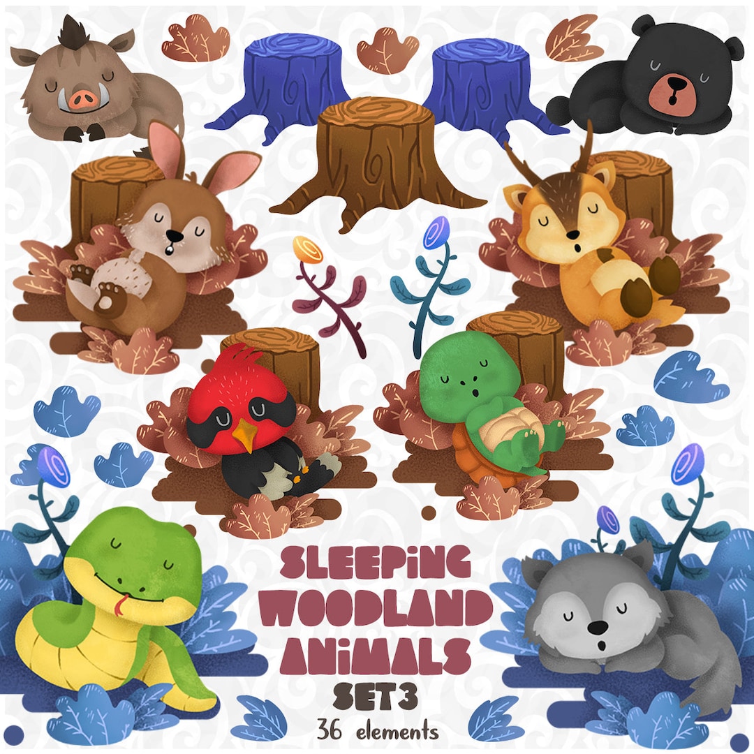 Sleeping Woodland Clipart Set 3, Resting Animals, Snoozing Forest ...
