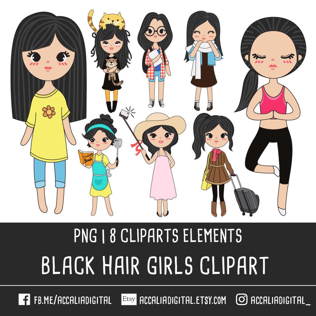 Black Haired Girl Clip Art Set 1, Black Haired Illustration, Cute Girl ...