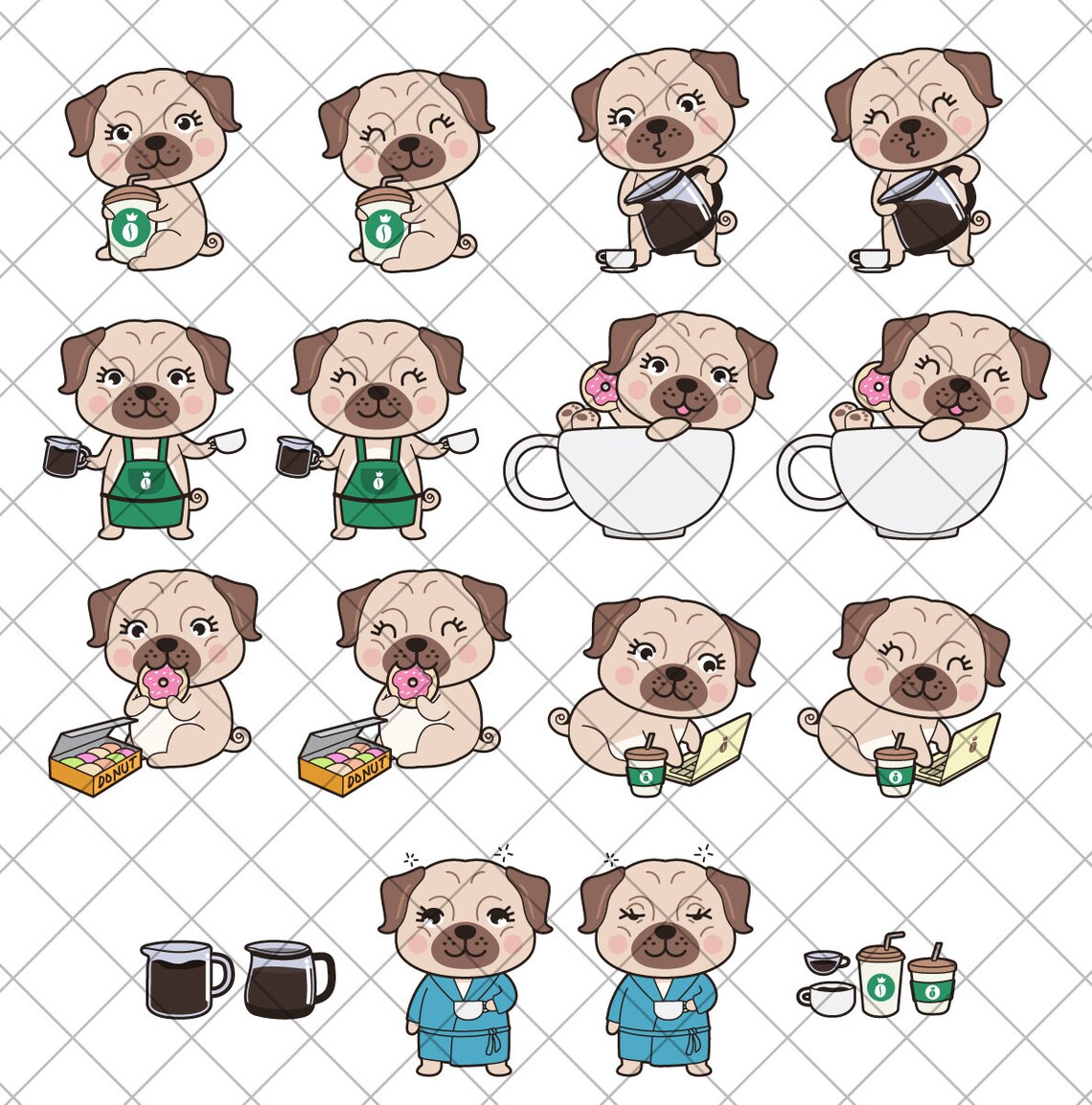 Cute Pugs Clipart, Coffee Pugs, Cute Dogs Sticker, Barista Animal ...
