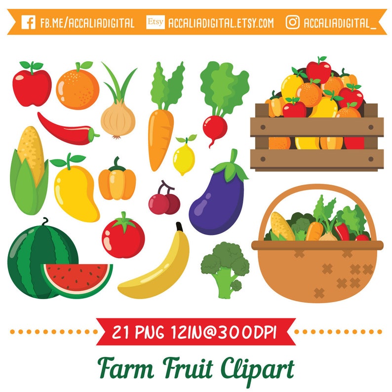 Fruit clip art set2 farm fruit vegetable graphic Fruit | Etsy