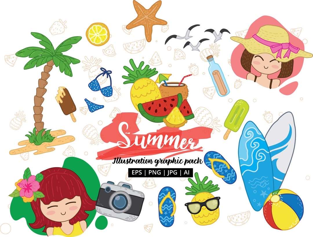 Summer Sticker Bundle, Girls Clip Art, Tropical Beach Girls Clipart ...