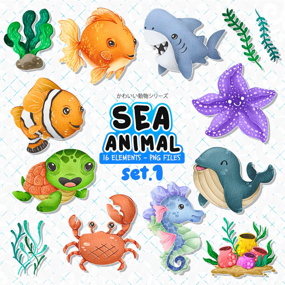 Ocean Creatures Clipart Collection Set 1, Underwater Animal Art Set ...