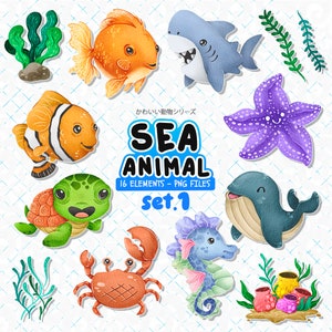 Ocean Creatures Clipart Collection Set 1, Underwater Animal Art Set ...