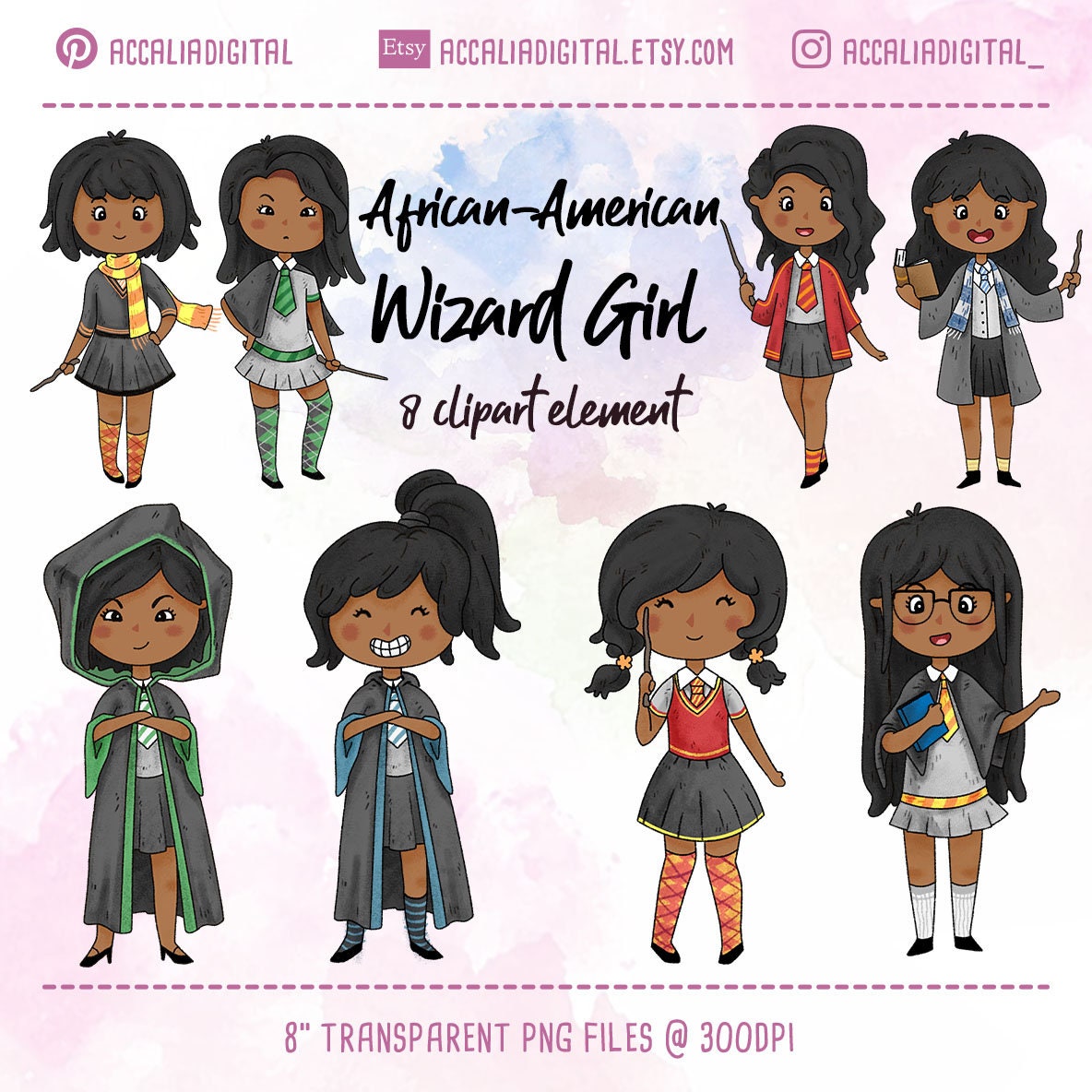 African American Wizard Girl Clip Art Illustration Black | Etsy