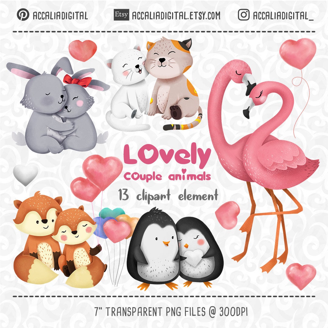 Animal Couple Clipart Set1, Cute Couple Sticker, Love Balloon, Woodland ...