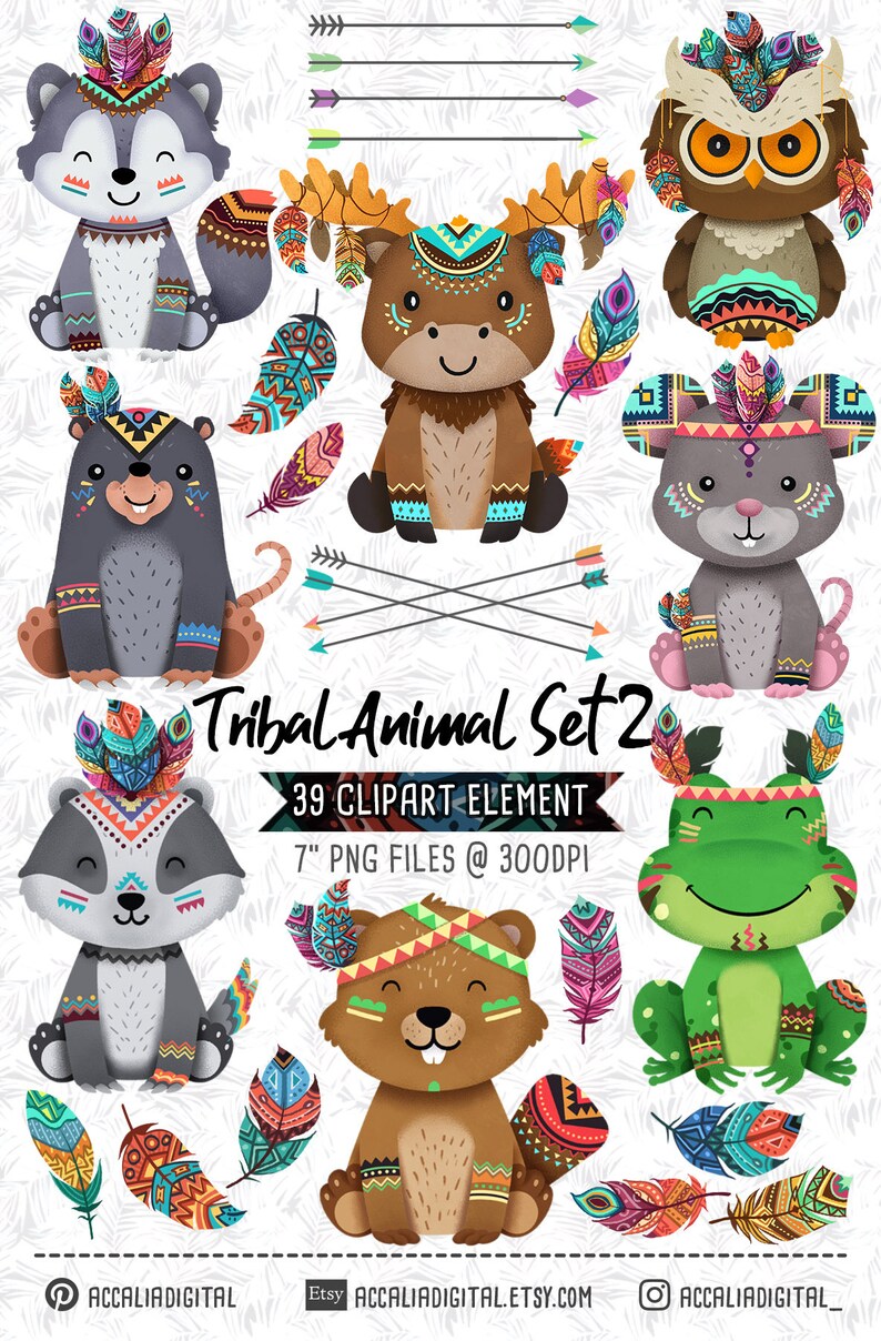 Tribal Woodland Clipart Set 2 Tattooed Animals Boho Art - Etsy