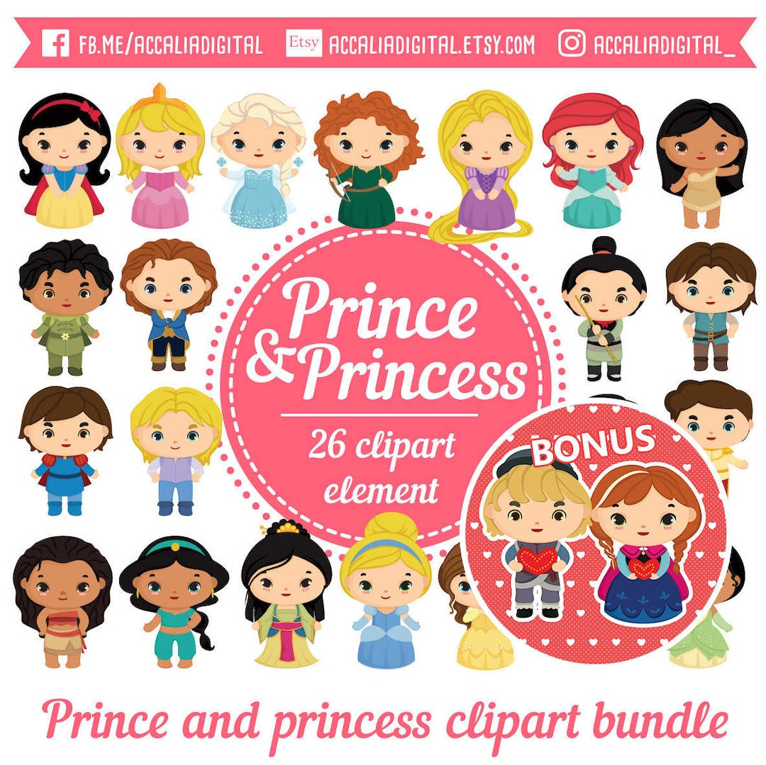 Princess and Prince Clip Art Bundle , Cute Prince Sticker, Princess ...