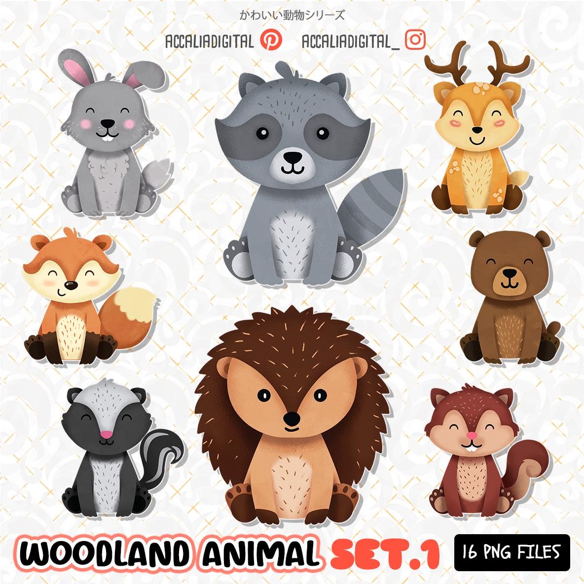 Woodland Animal Clipart Set: Hand-drawn Forest PNG Stickers (digital ...