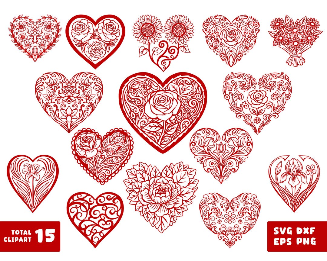 Floral Heart SVG Bundle – 15 Vintage Flower Heart Designs, Digital ...