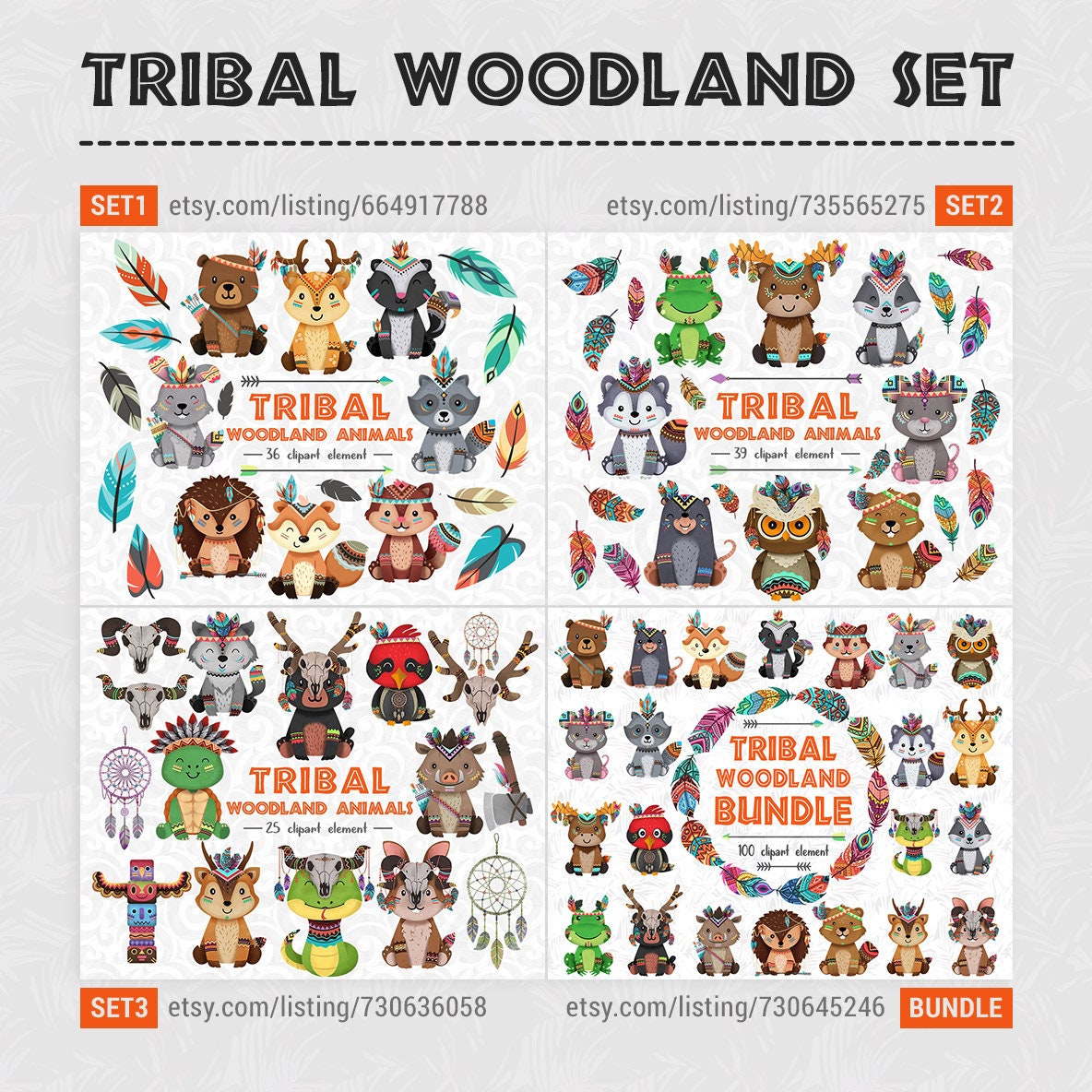 Tribal Woodland Clipart Set 2 Tattooed Animals Boho Art - Etsy