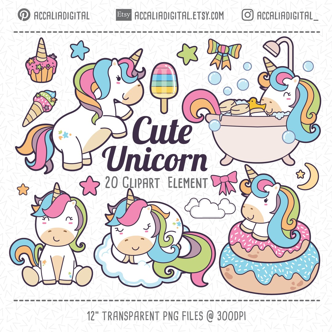 Unicorn Clip Art Set 2, Cute Pink Unicorn Sticker, Colorful, Kids ...
