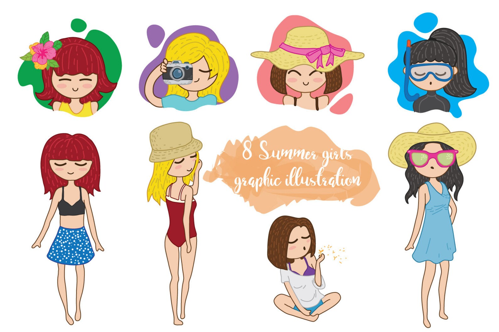 Summer Sticker Bundle Girls Clip Art Tropical Beach Girls - Etsy