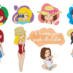 Summer Sticker Bundle, Girls Clip Art, Tropical Beach Girls Clipart ...