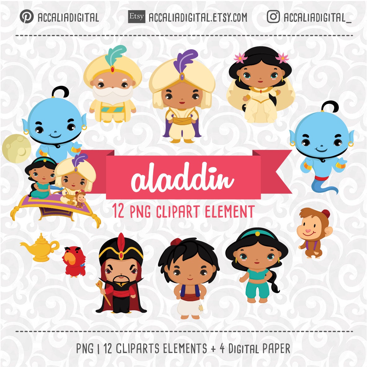 Aladdin Clip art Prince clipart Jasmine Clip art Disney - Etsy España