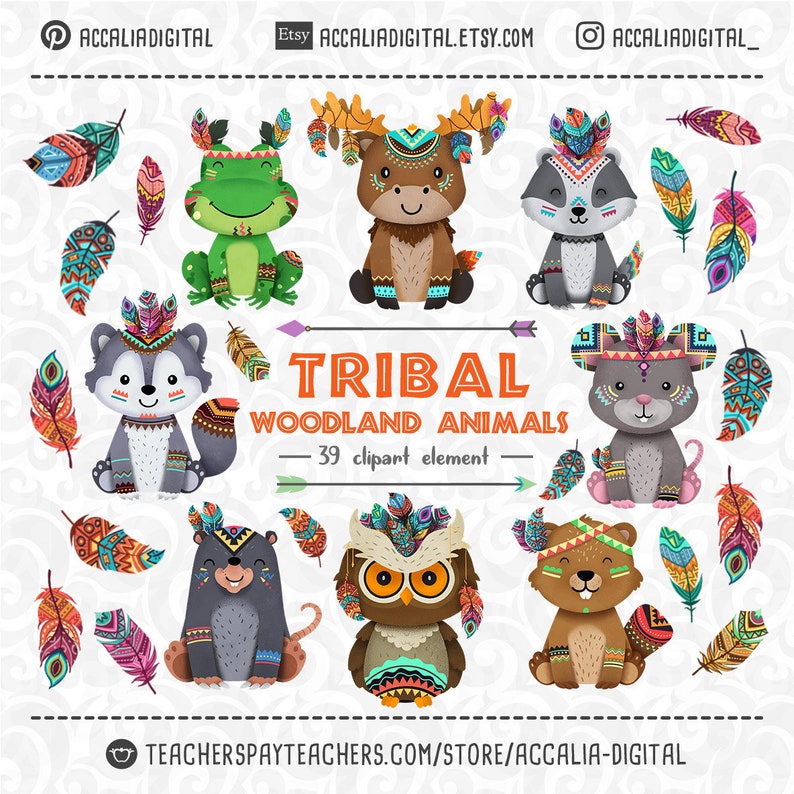 Tribal Woodland Clipart Set 2 Tattooed Animals Boho Art - Etsy