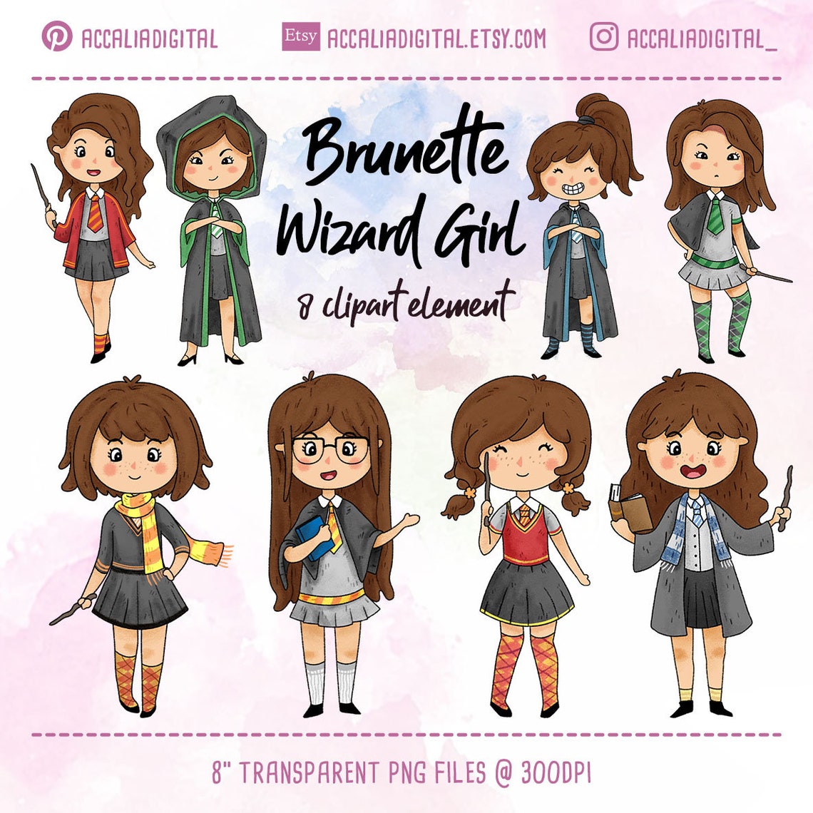 Brunette Wizard Girl Clip Art Illustration Brown Haired Cute - Etsy