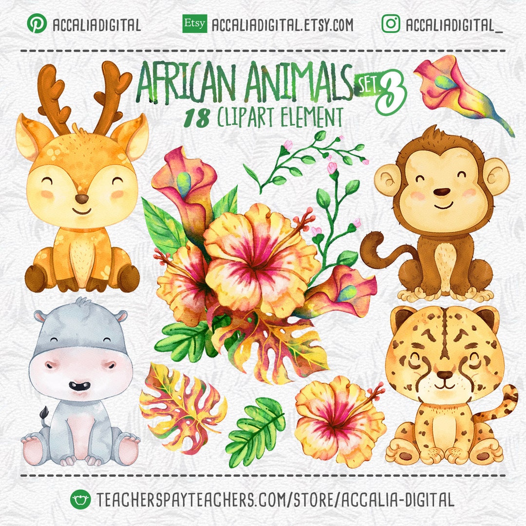Watercolor Safari Animals Clipart: Nursery Decor PNG (set 3) - Etsy