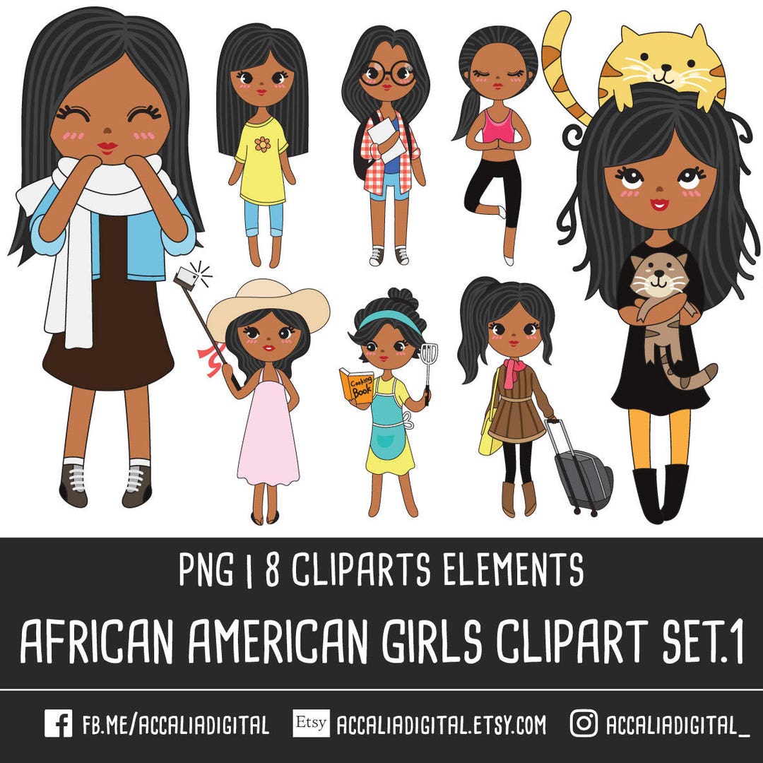 African American Girl Clip Art Set 1, Black Haired Illustration, Cute ...