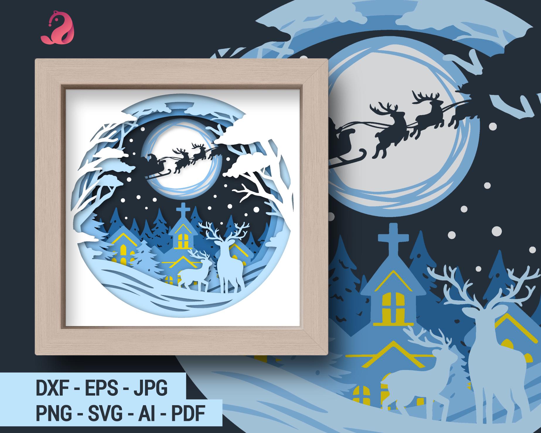 Christmas 3D Layered Shadow Box SVG – Winter Reindeer & Santa Sleigh ...