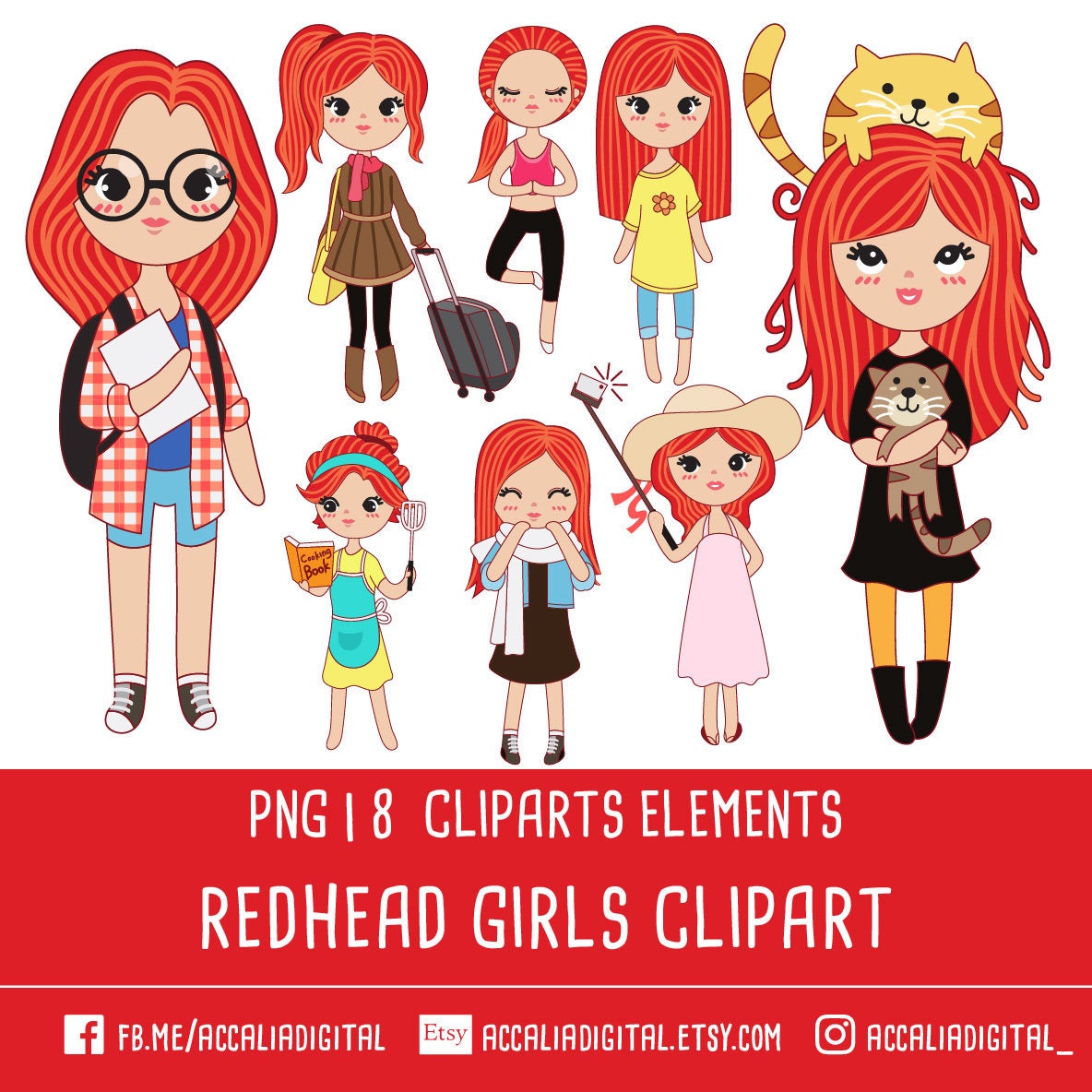 Redhead girl clip art set 1 redhead illustration cute girl | Etsy
