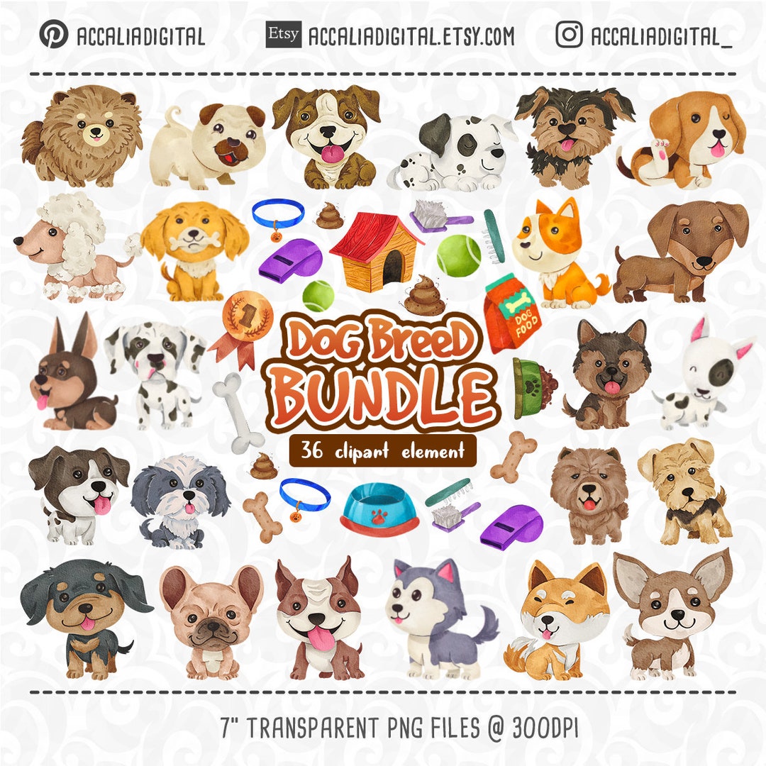 Dog Breed Clipart Bundle Watercolor Dog Breed, Bull Terrier, Beagle ...