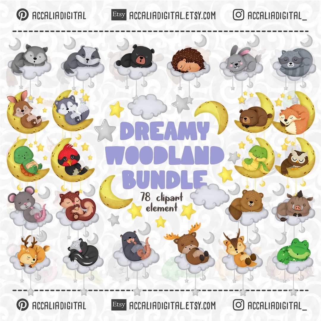 Dreamy Sleeping Woodland Animals Clipart Bundle (78 PNG) - Etsy