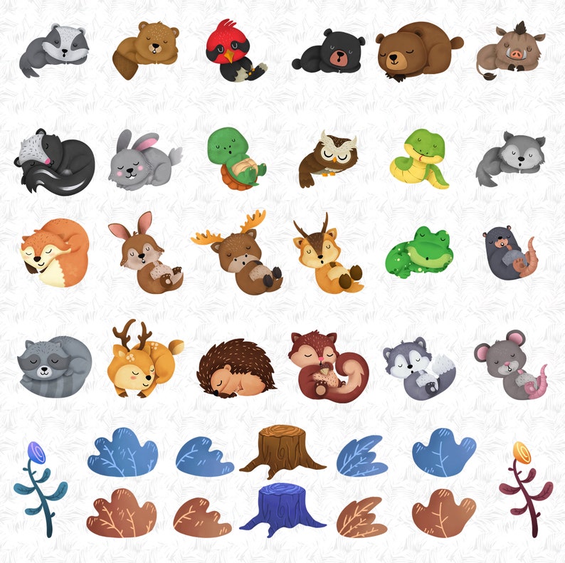 Sleeping Woodland Animals Clipart Bundle: Forest Nursery Decor (84 PNG ...