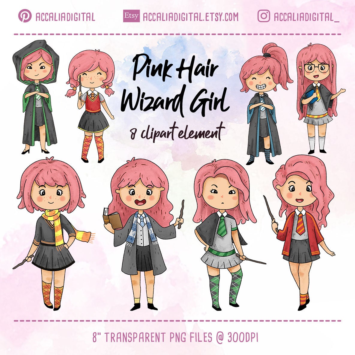 Wizard girl clip art redhair illustration pink haired cute | Etsy