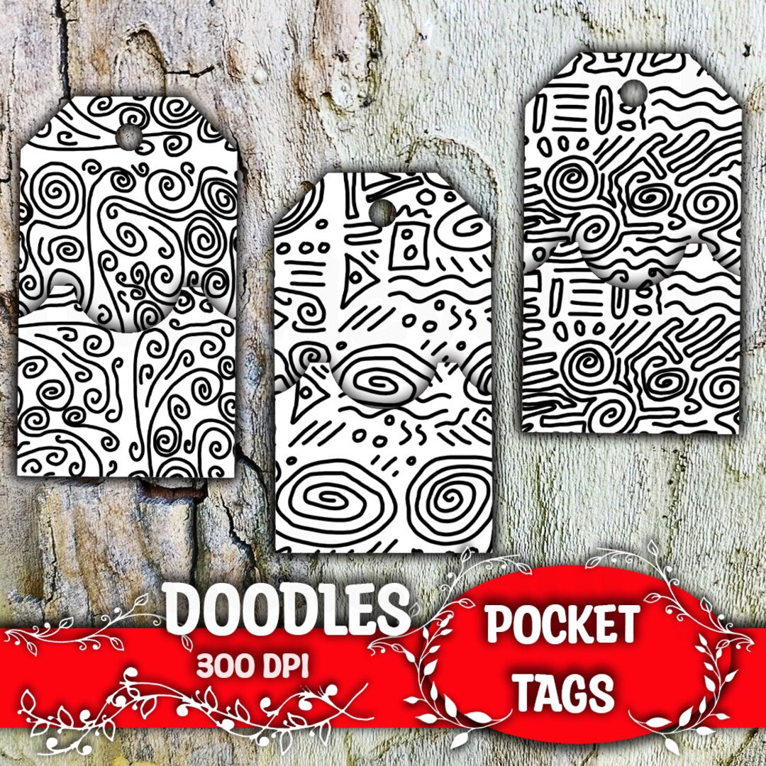 Doodles Pocket Tags Junk Journal Kit Modern Abstract Printable Ephemera ...