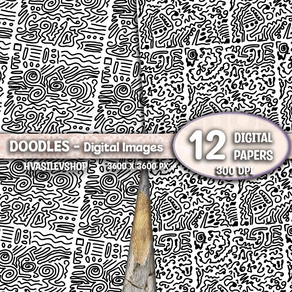 Doodles Digital Paper, Black and White Patterns, Hand Drawn, Digital ...