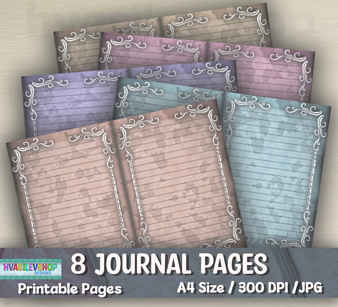 Digital Writing Paper, Printable Lined Journal Page, Set of 8, Junk ...