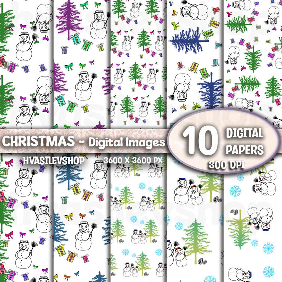 Christmas Digital Paper, Snowman Digital Paper, Pine Tree Paper ...