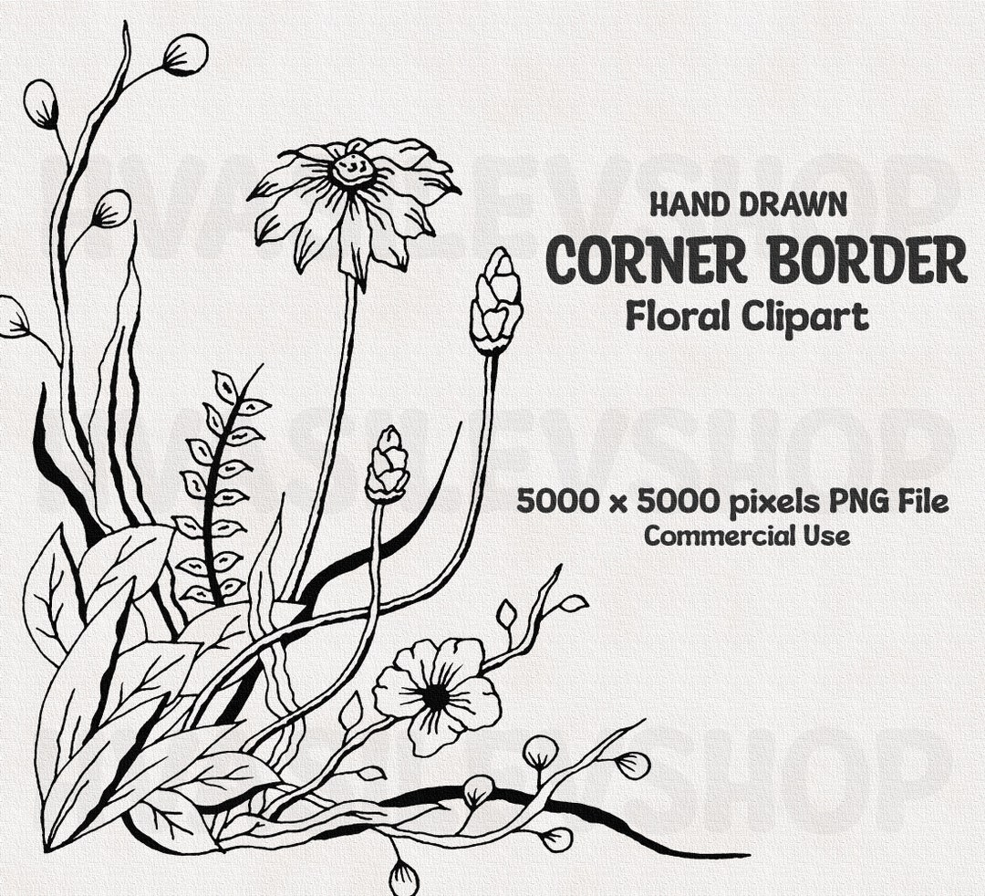 Hand Drawn Floral Corner Border Clipart, Flower Clipart, Botanical ...
