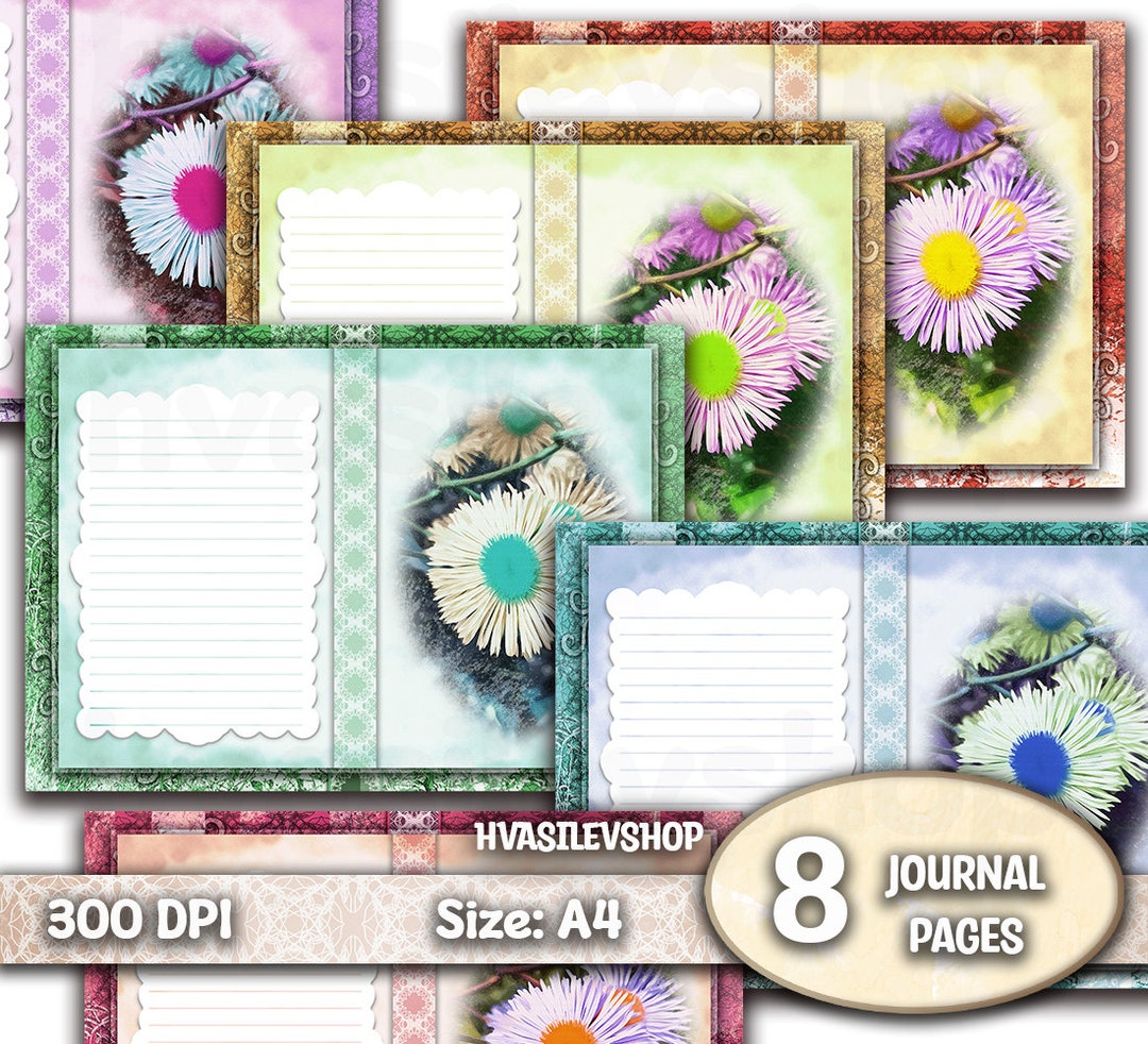 Flowers Junk Journal Pages, Set of 8, Lined Journal Pages, Elegant ...