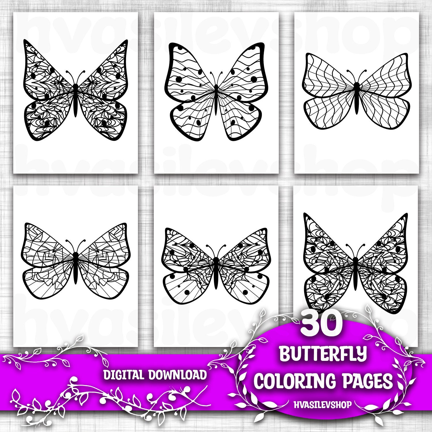 30 Butterfly Coloring Pages Adult Butterflies Coloring Sheets Instant ...