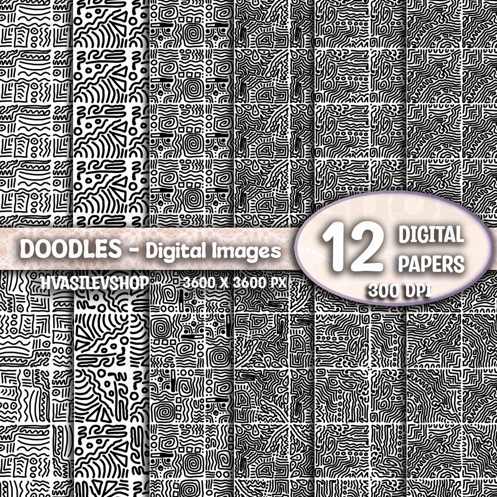 Doodle Digital Paper, Doodle Pattern Paper, Doodle Papers, Hand Drawn ...