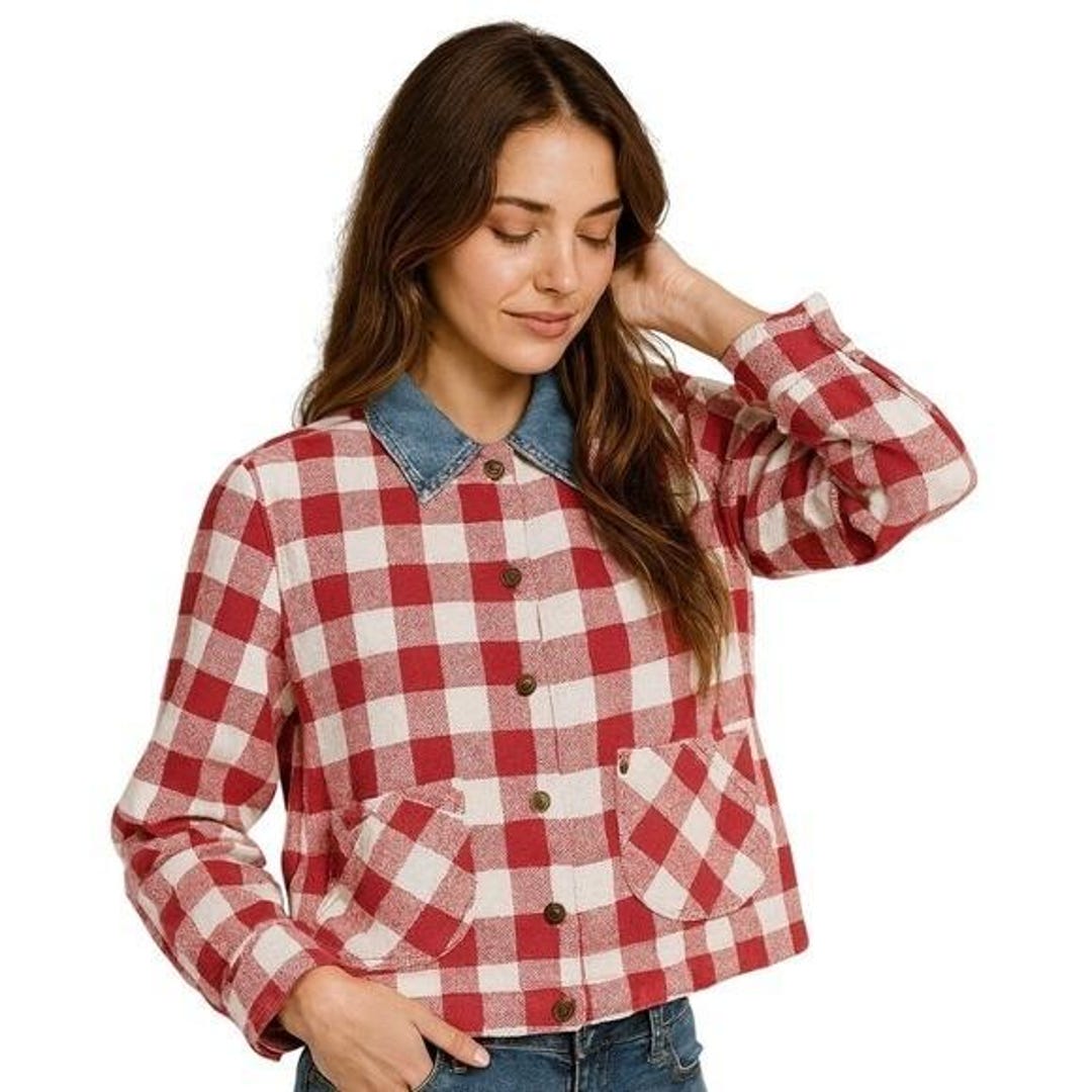 Vintage Angelique 90s Plaid Cropped Denim Collar Button up Large Grunge ...