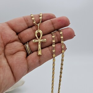 Ankh Necklace: Diamond Cut Pendant, 14k Heavy Plated, 3mm Scroll Chain ...