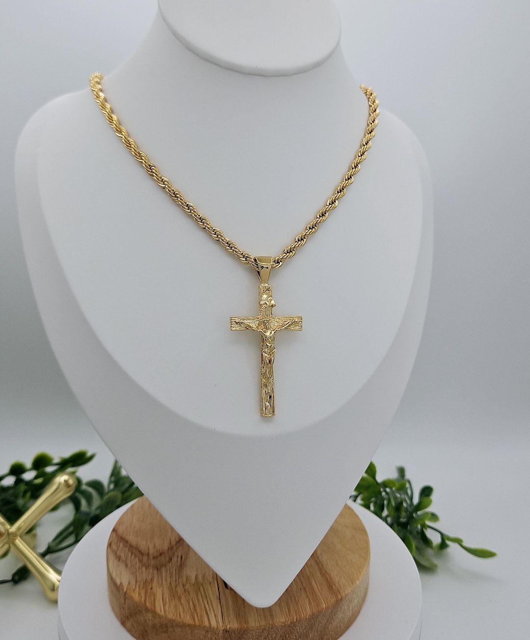 Gold Crucifix Necklace: 14K Plated, 4mm French Rope Chain - Etsy
