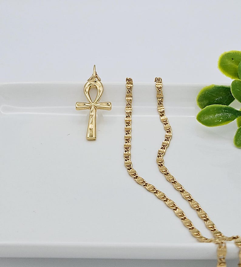 Ankh Necklace: Diamond Cut Pendant, 14k Heavy Plated, 3mm Scroll Chain ...