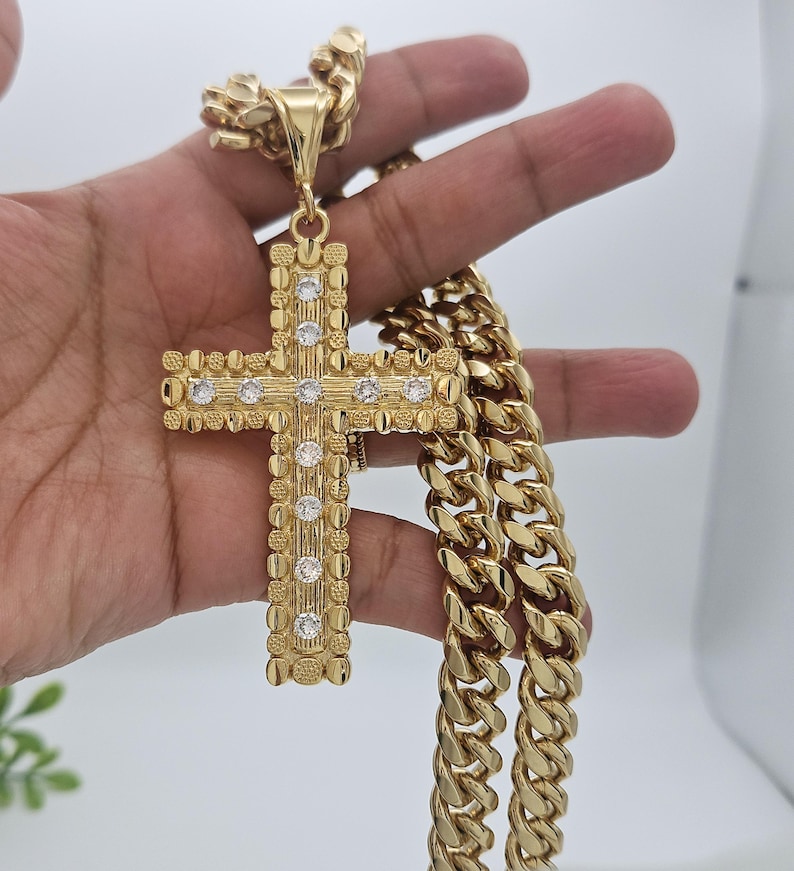 XL Gold Nugget Cross Necklace: Textured CZ, 11mm Curb Chain, Lifetime ...