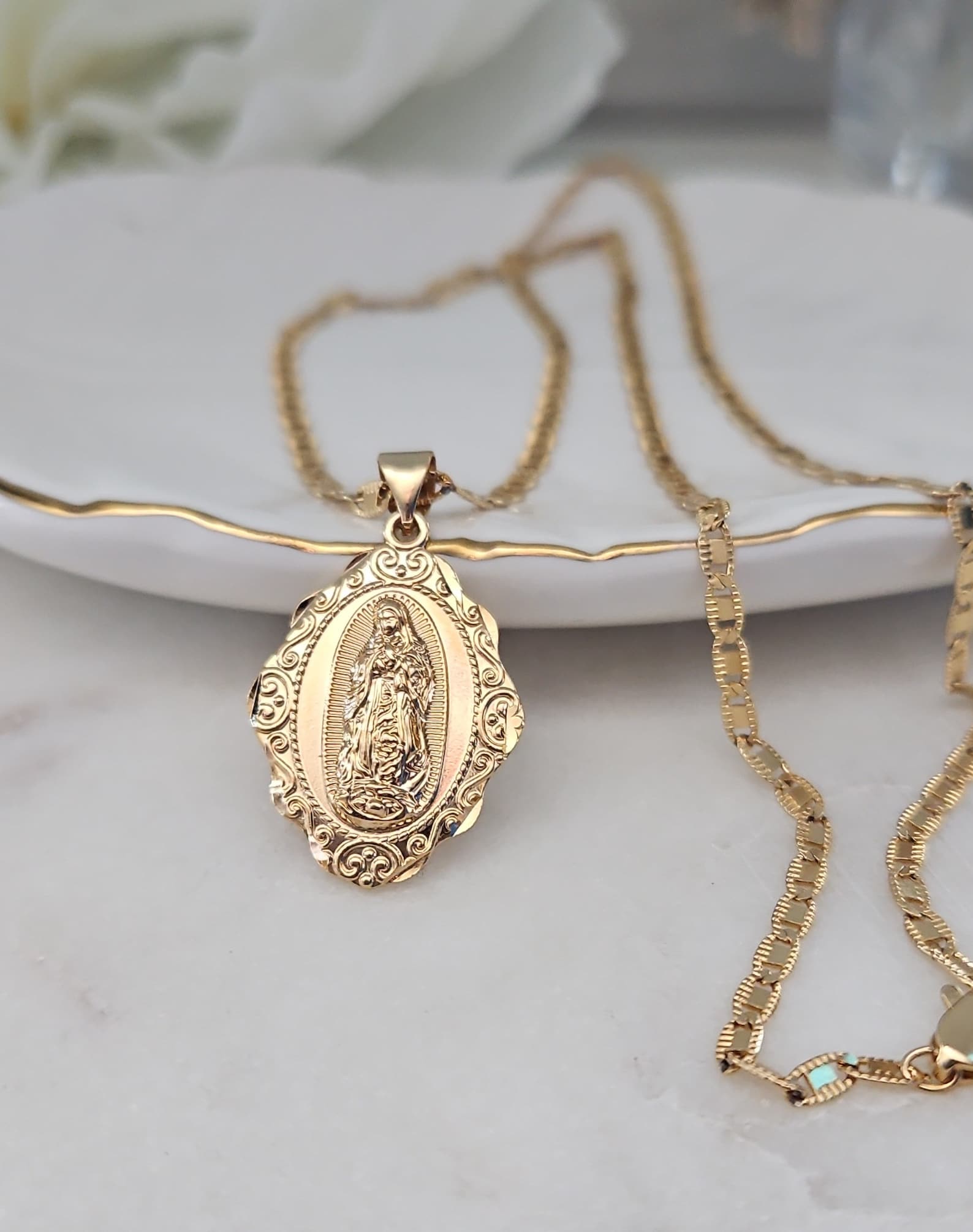 Gold Virgin Mary Necklace, Guadalupe Necklace, 2mm Fancy Flat Chain ...