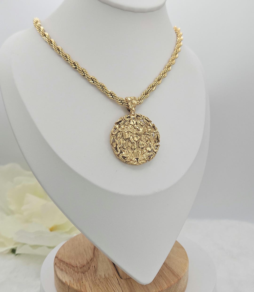 Large Gold Nugget Necklace: 5mm French Rope Chain, 14k Heavy Plated ...