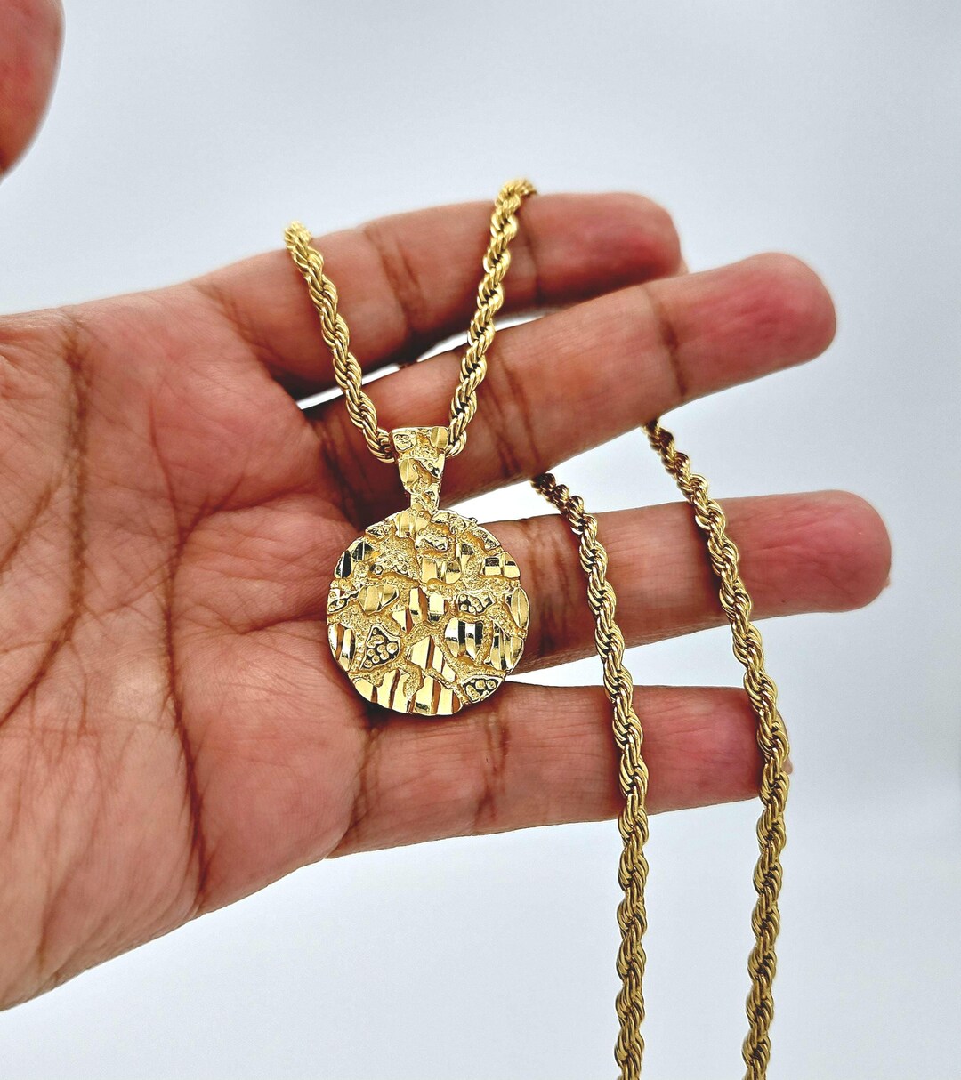 14k Gold Plated Nugget Pendant Necklace: Waterproof Rope Chain - Etsy