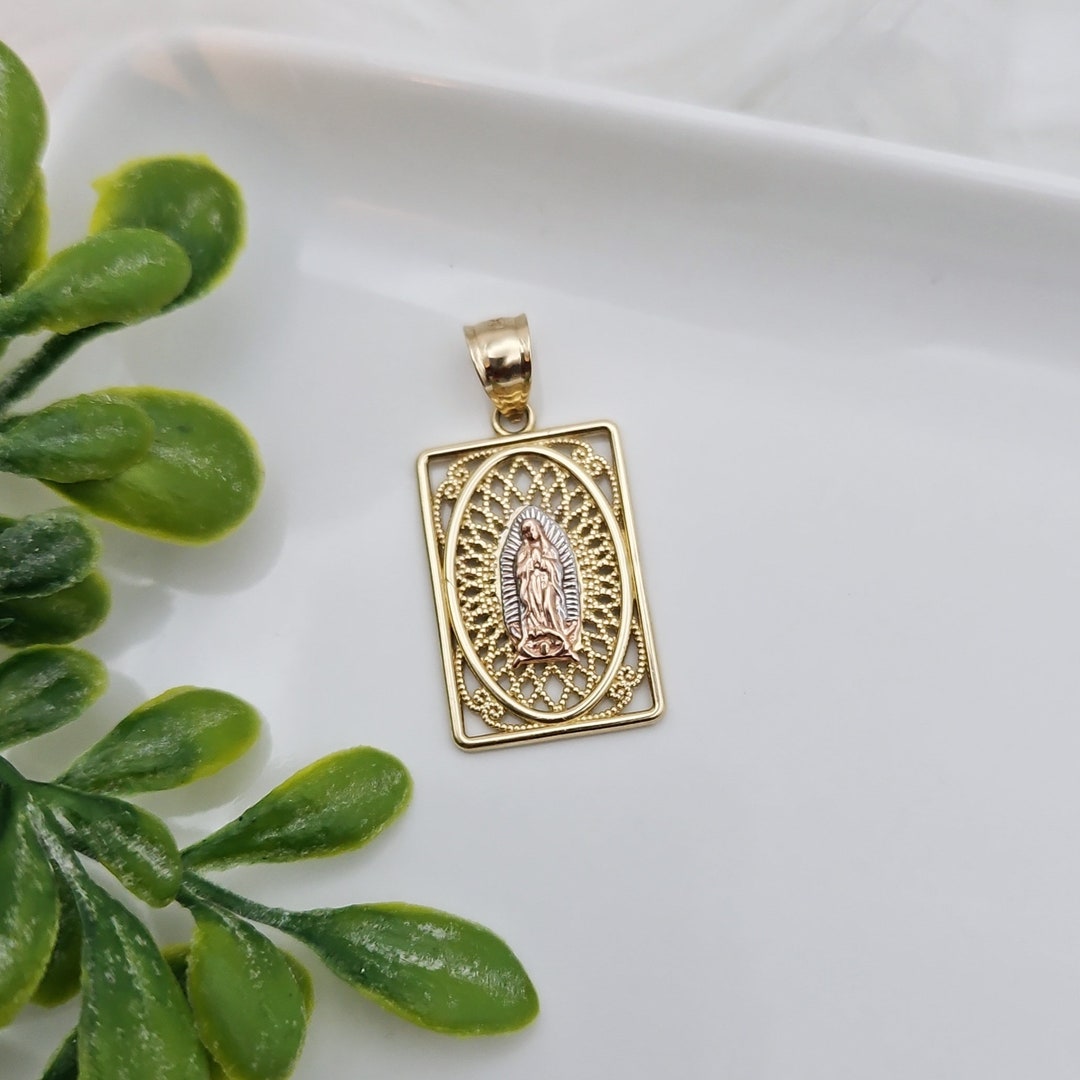 14k Solid Gold Filigree Guadalupe Pendant, Authentic 14k Tricolor Gold ...