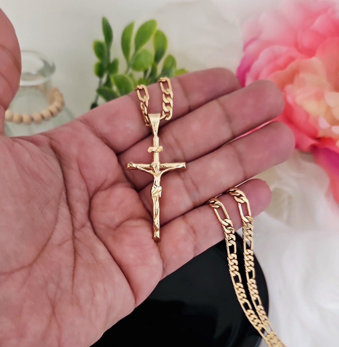 Gold Crucifix Necklace Men, 14k Heavy Plated Gold, Men's Crucifix ...