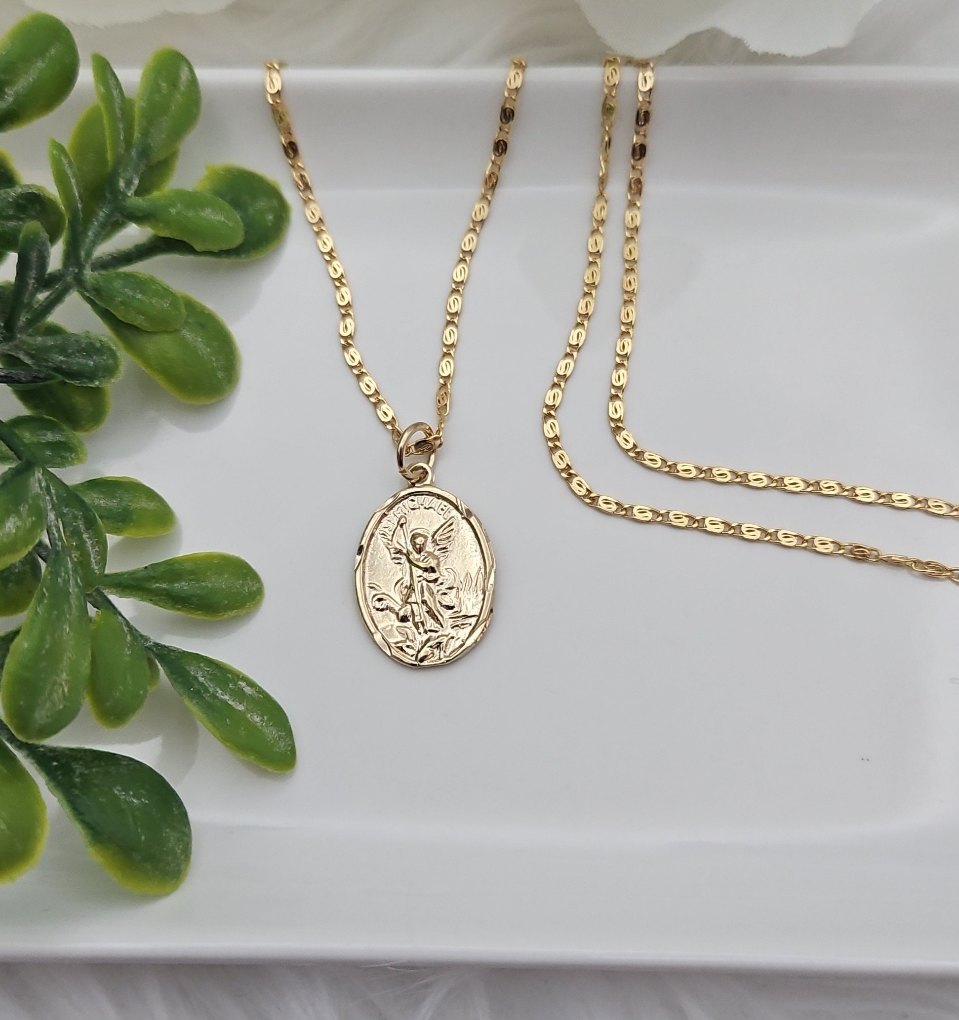 Gold St Michael Necklace, Angel of Protection, 2mm Scroll Chain, 14k ...